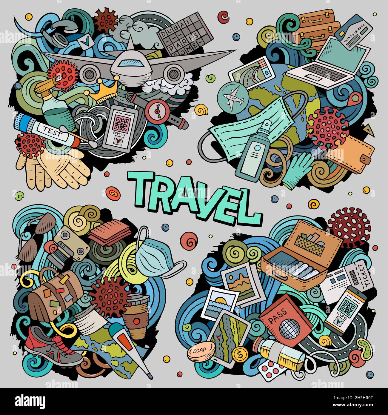 Travel cartoon vector doodle designs set. Colorful detailed ...