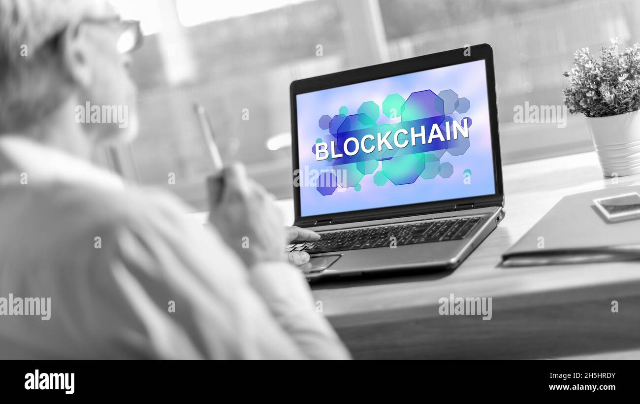 Laptop screen displaying a blockchain concept Stock Photo - Alamy