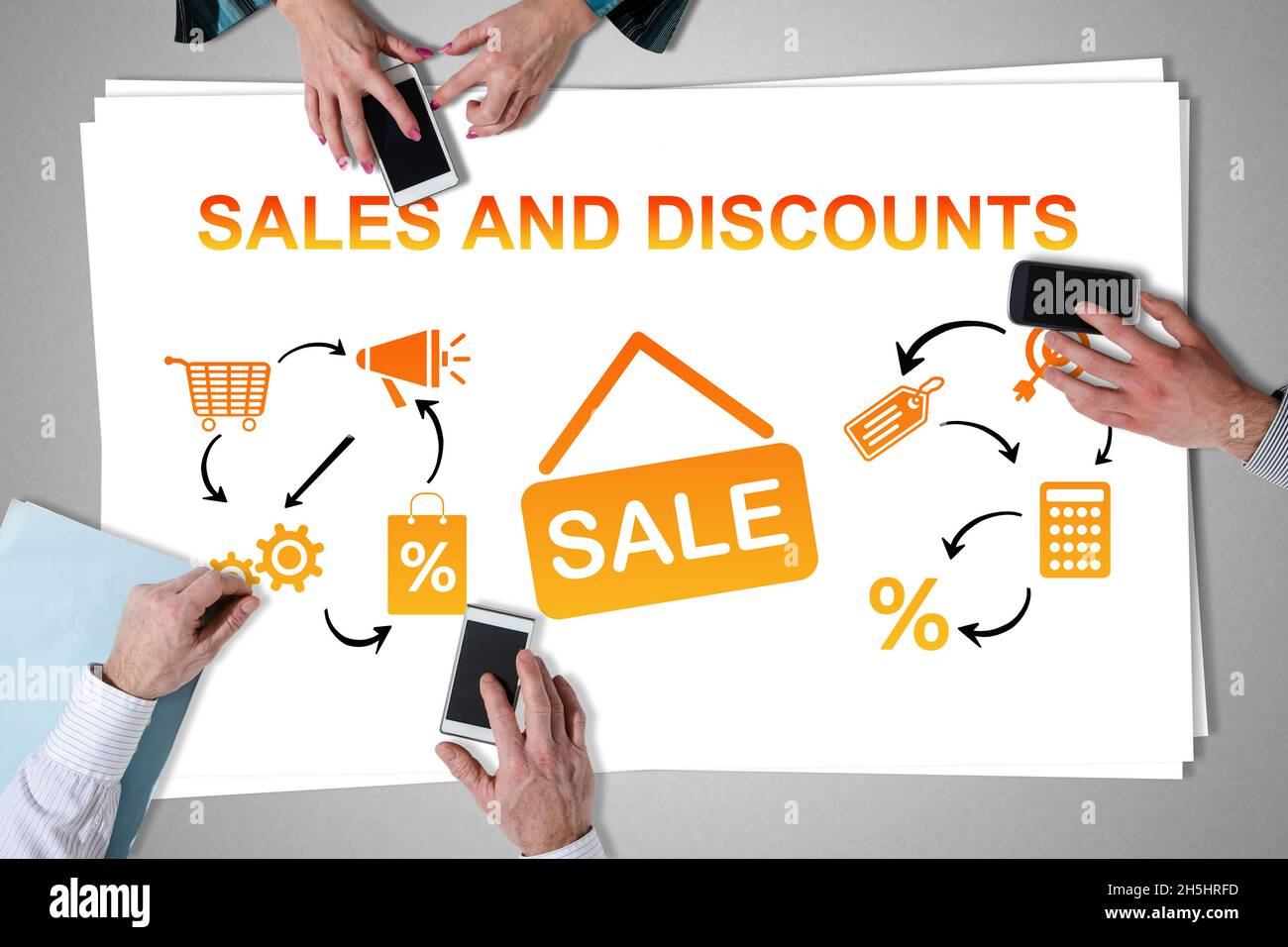 Sales and discounts concept placed on a desk with hands using ...