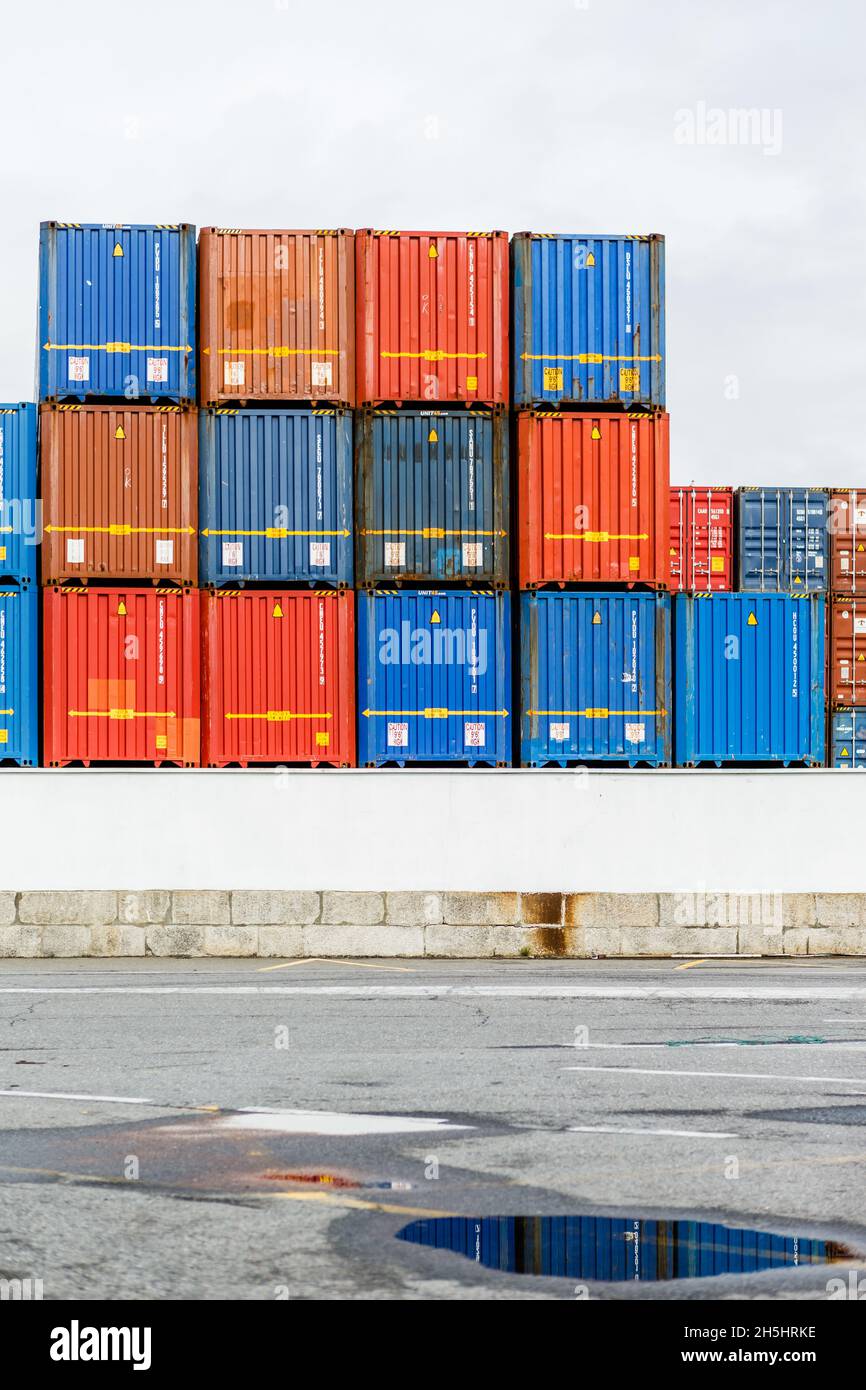 Stack of shipping containers in the harbour of Vigo Stock Photo - Alamy