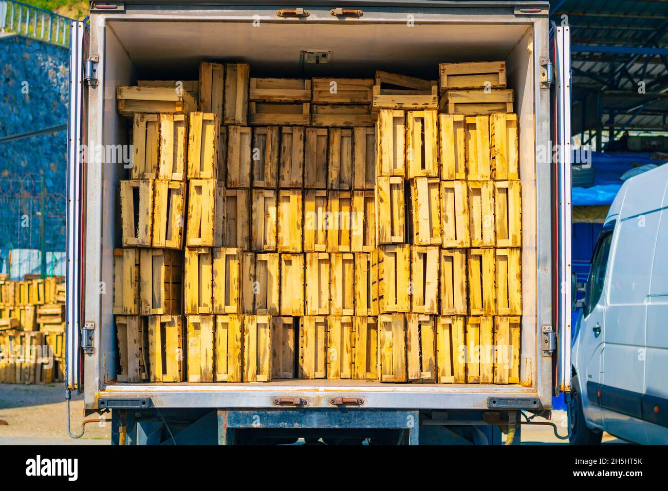 Wooden box stack. Wooden box stack in the truck in a fishing harbor ...