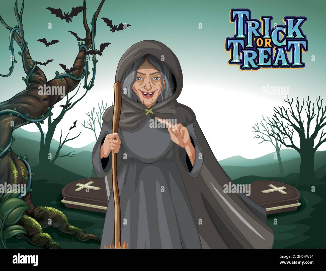 Dark forest scene with wicked old witch illustration Stock Vector Image ...
