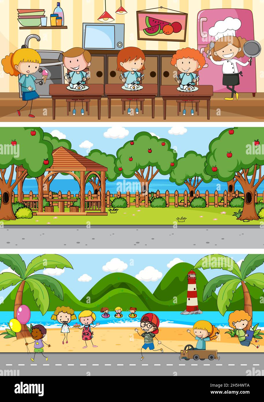 Set of different horizontal scenes background with doodle kids cartoon ...