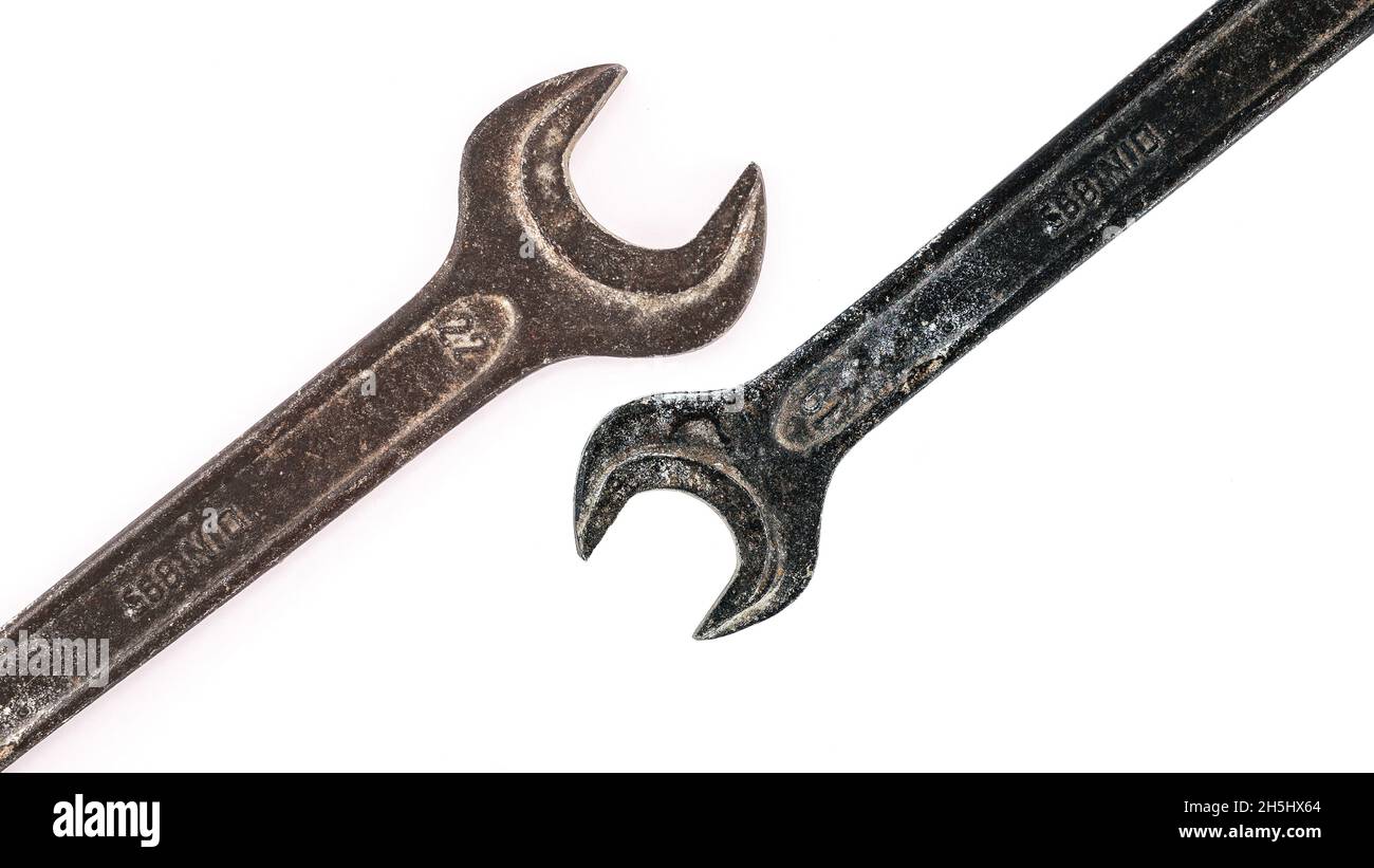 Two old mechanical wrenches on white background Stock Photo - Alamy