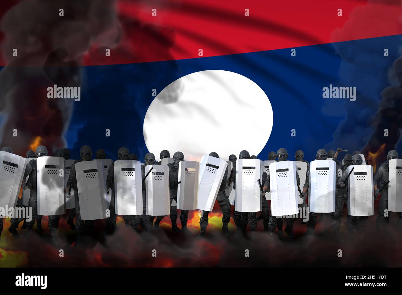 Lao People Democratic Republic police officers in heavy smoke and fire ...