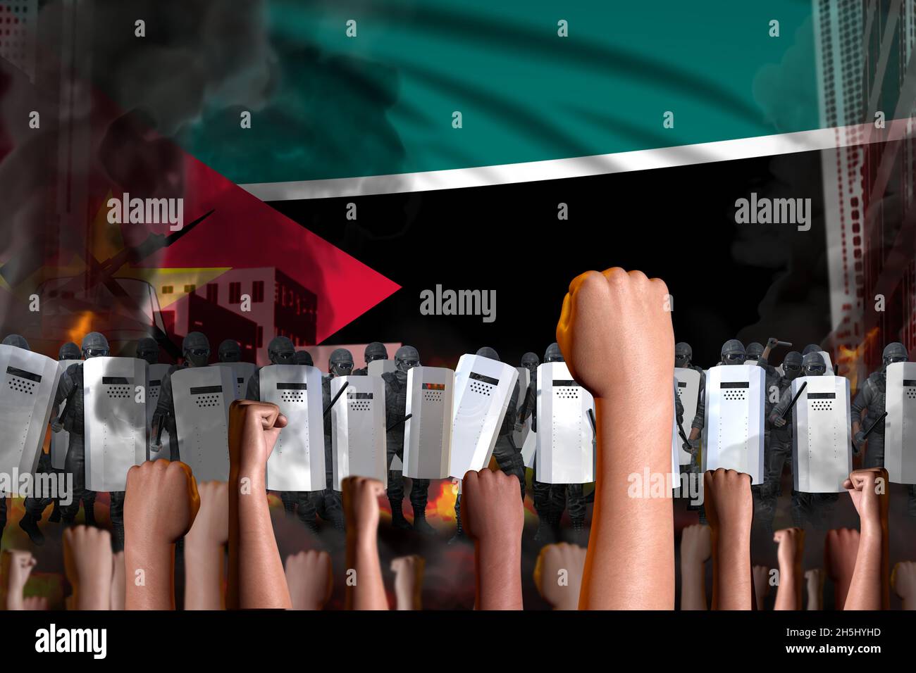 demonstration fighting concept - protest in Mozambique on flag ...