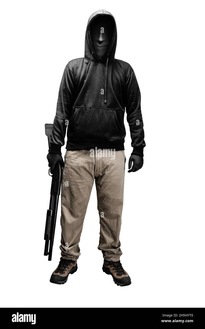 Criminal man in a hidden mask holding the shotgun isolated over white ...