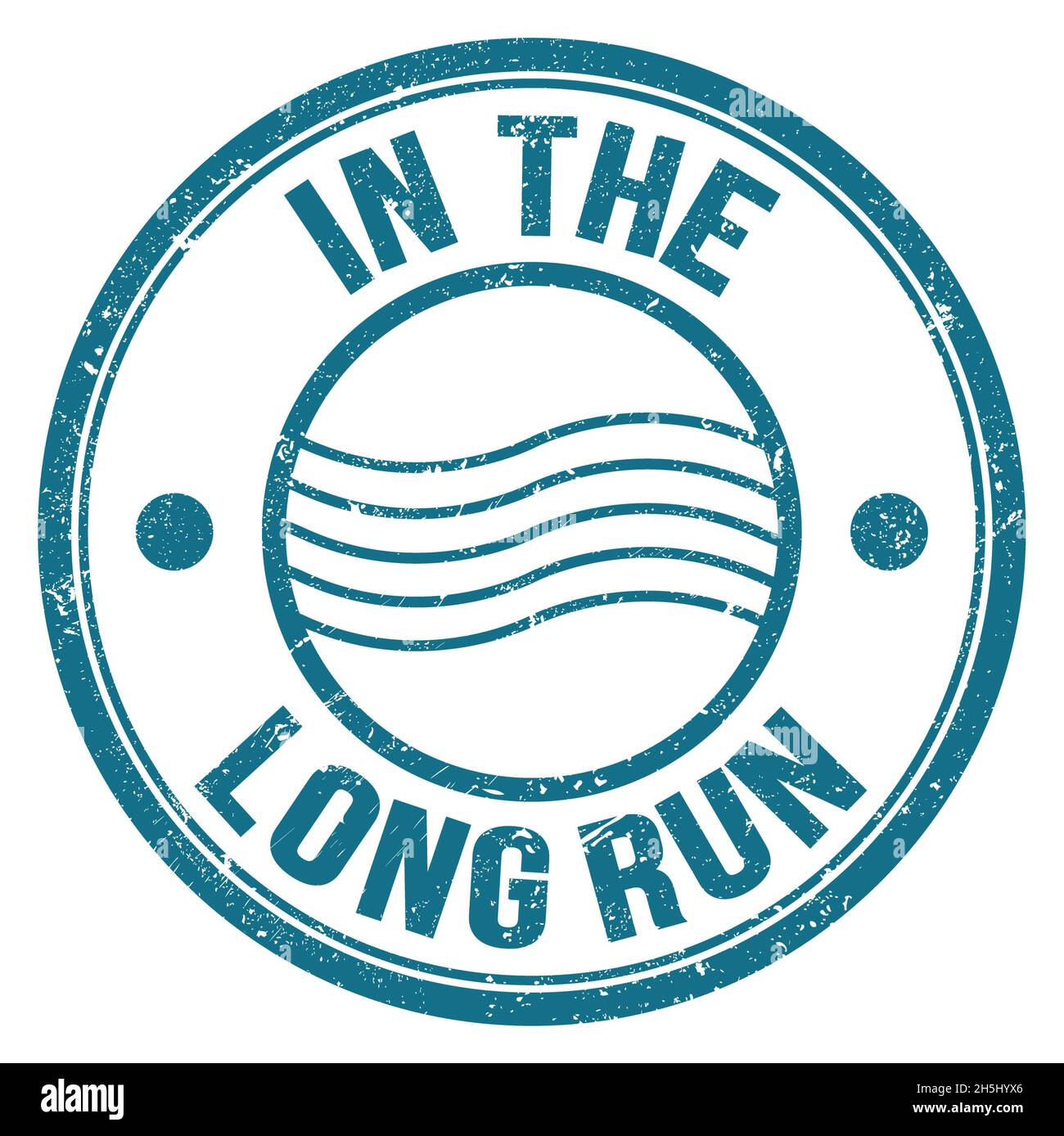 IN THE LONG RUN text written on blue round postal stamp sign Stock ...