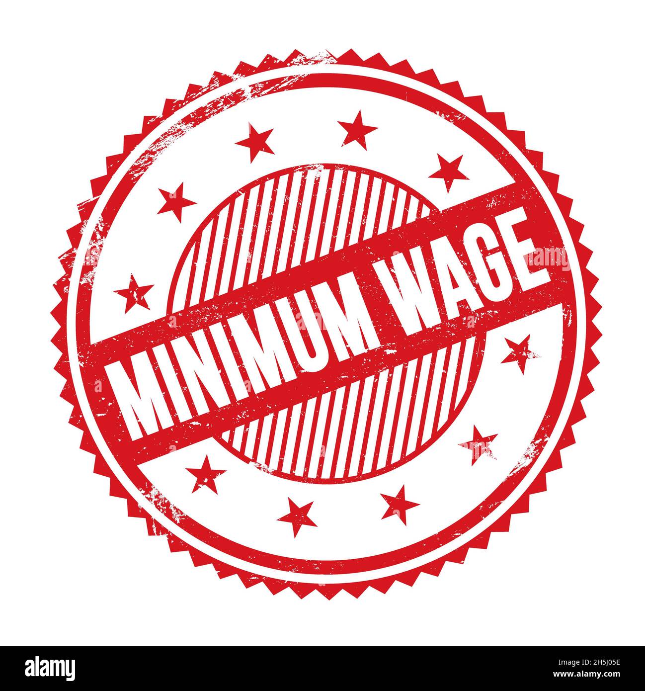 MINIMUM WAGE text written on red grungy zig zag borders round stamp ...