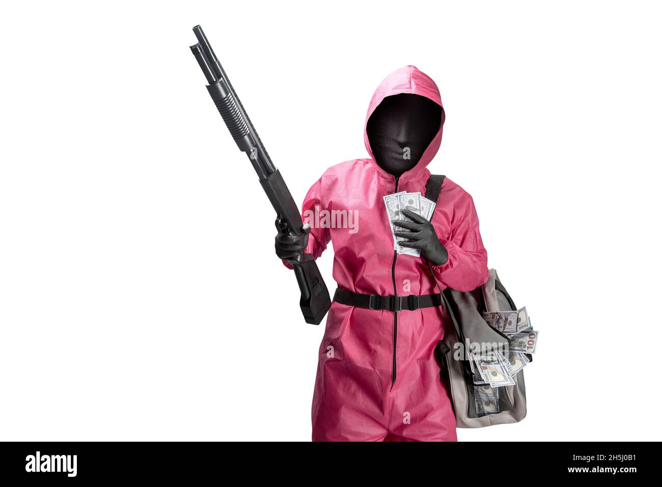 Pink guard holding the shotgun and carrying a bag of money isolated ...