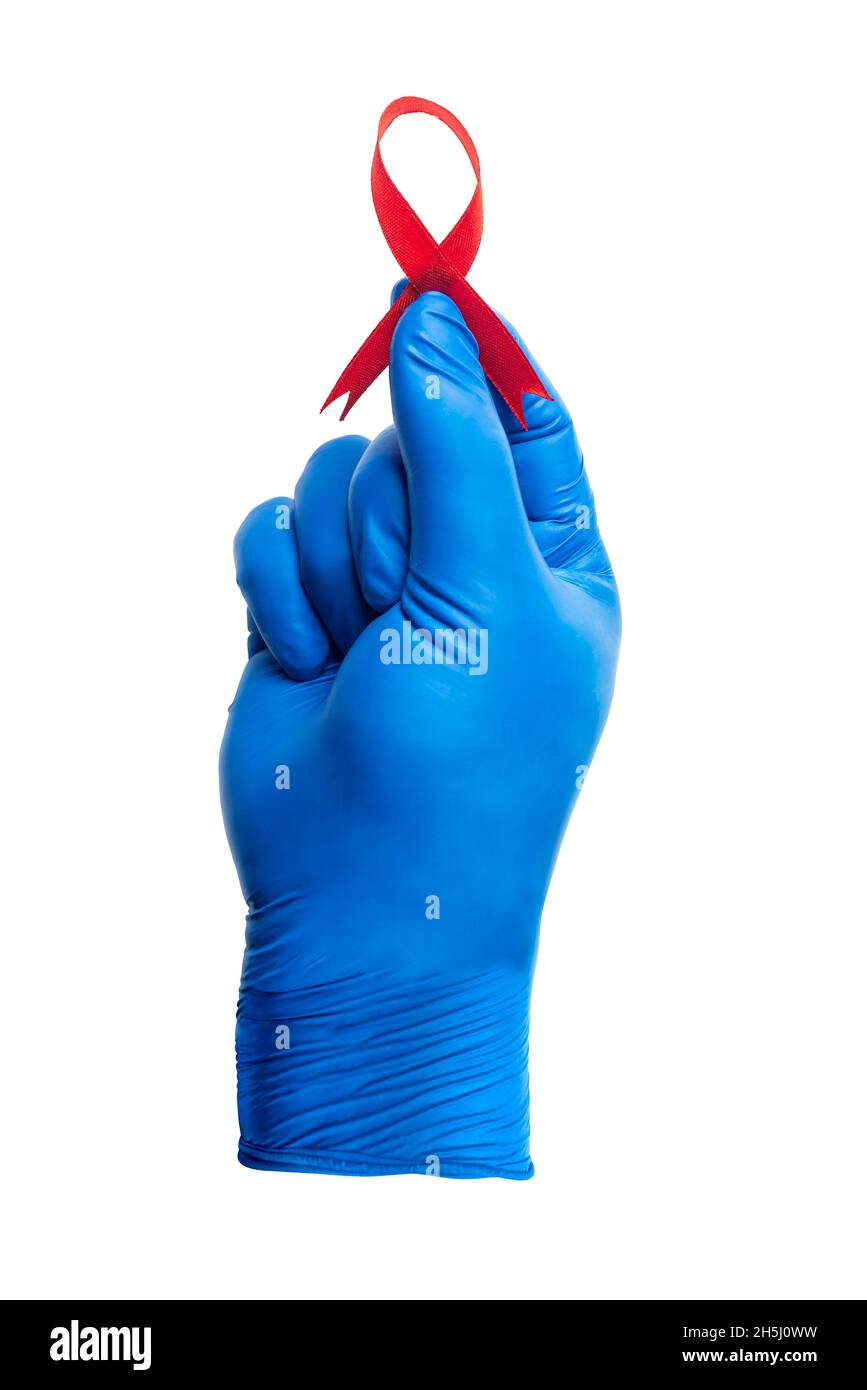 Red ribbon and medical glove with white background. Hiv Aids ribbon ...