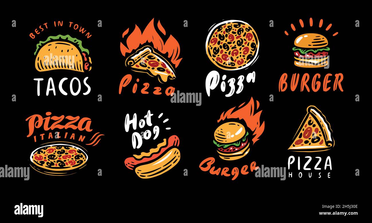 Food label set. Badges for restaurant or cafe menu. Pizza, burger, hot ...