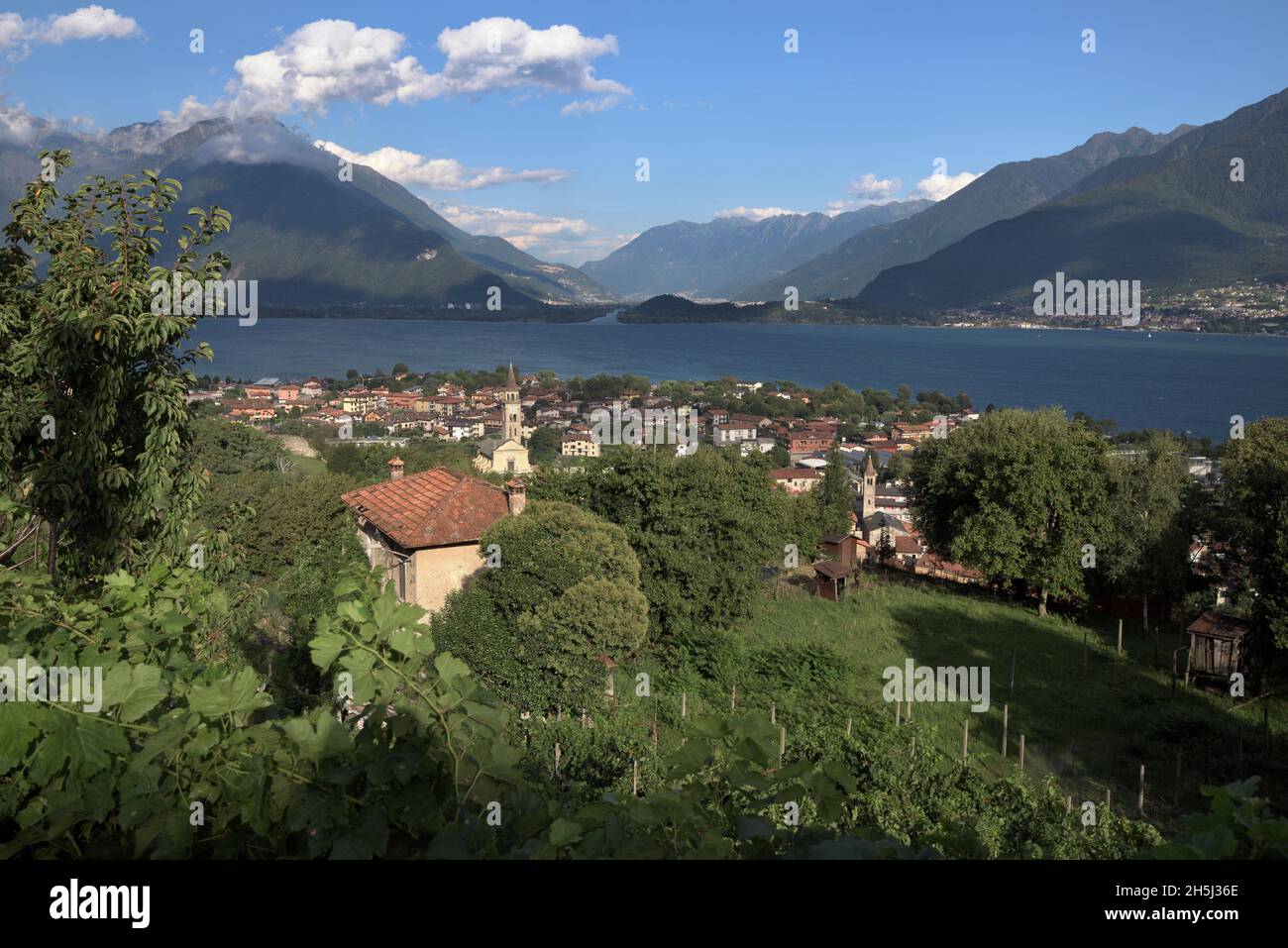 View of village Domaso and the northern part of Lake Como with warm ...