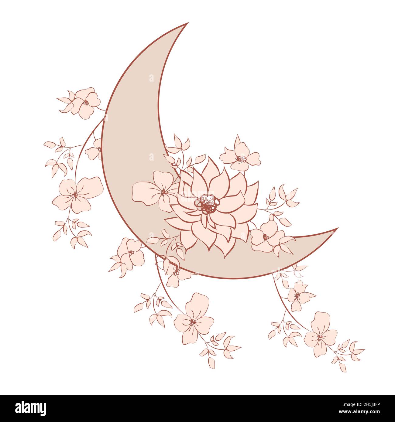 Beautiful romantic crescent moon with rose or peony flowers and leaves ...