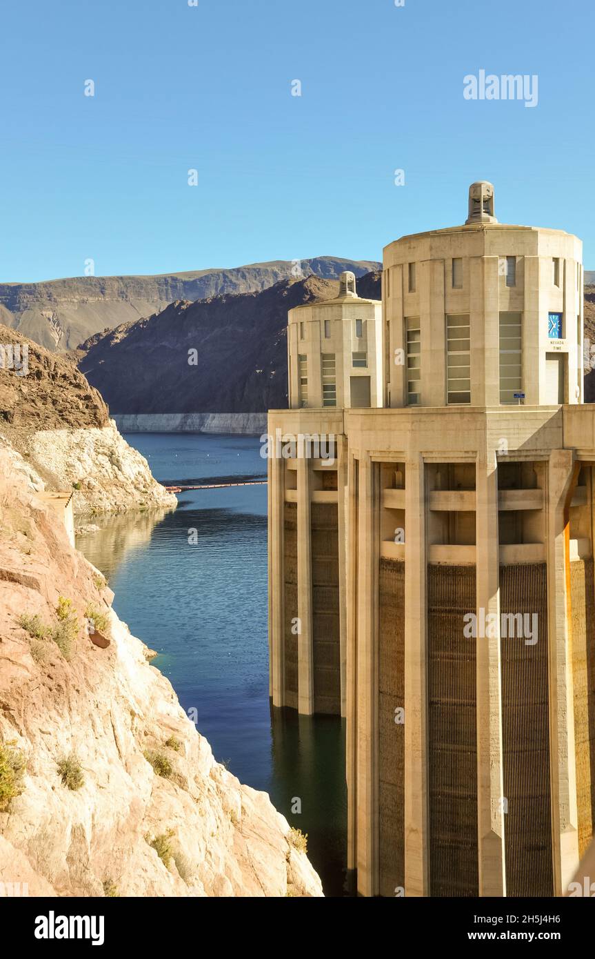 View of the pennstock towers or intake structure from the Hoover Dam on ...
