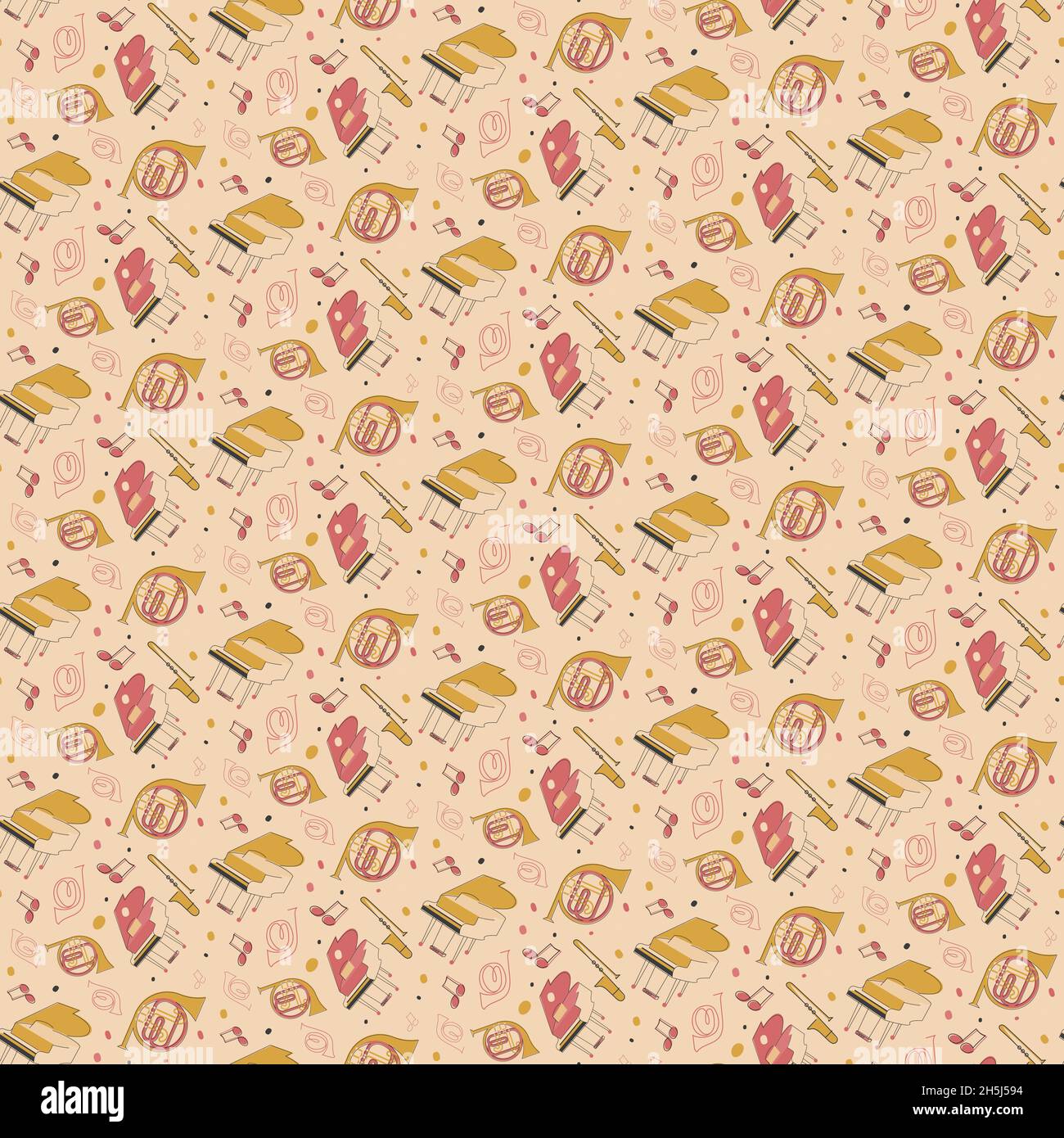Seamless pattern with piano and french horn. Texture with classical ...