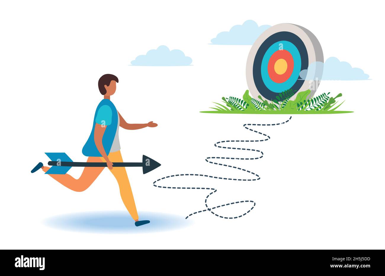 A man with an arrow is running towards his goal along a winding road ...