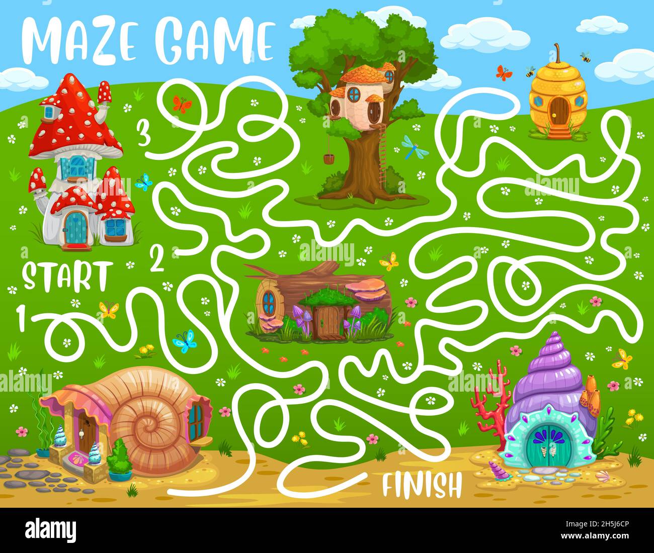 Kids labyrinth maze, cartoon beehive, oak and snail, vector stump and ...