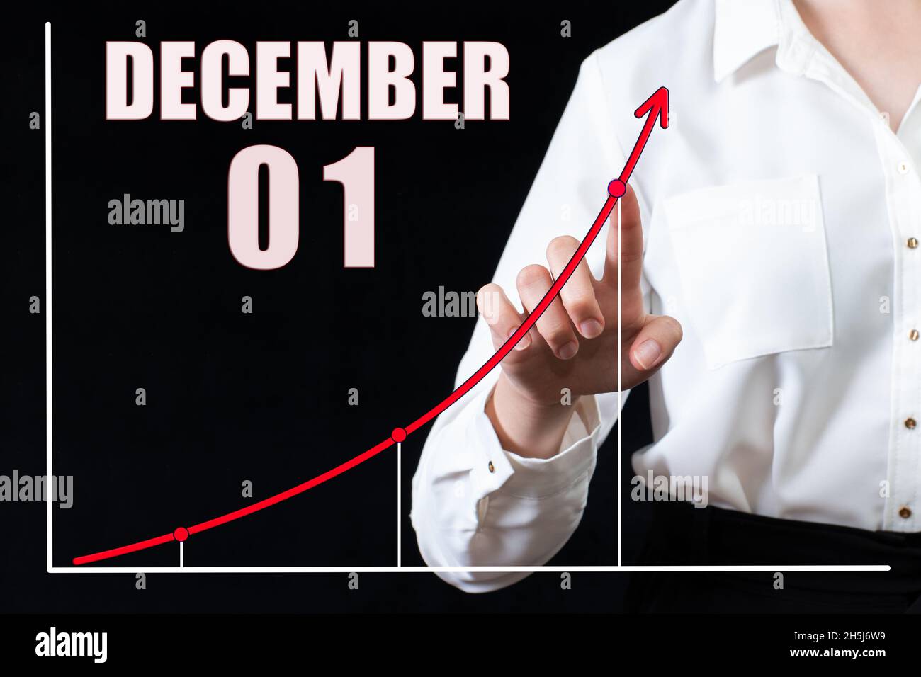 1st day of december. Businesswoman's hand pointing to the graph and a ...