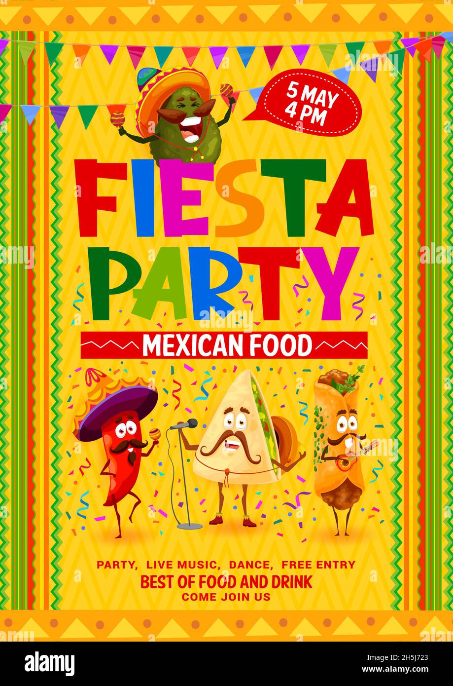 Mexican fiesta party flyer, cartoon avocado, jalapeno, quesadilla and ...