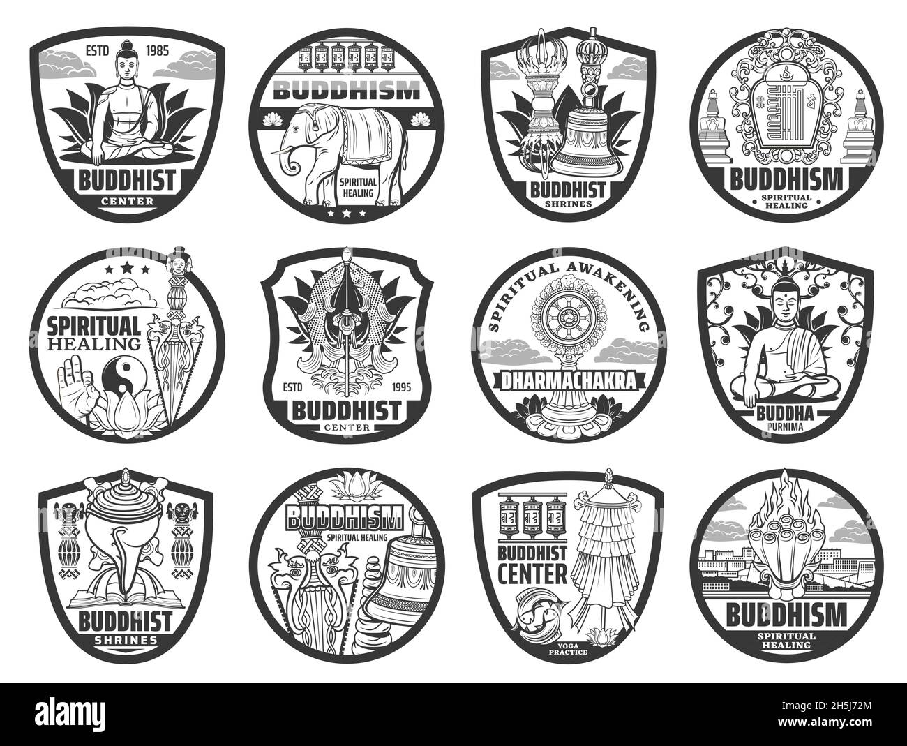 Buddhism religion symbols isolated vector icons. Buddhist symbolic ...