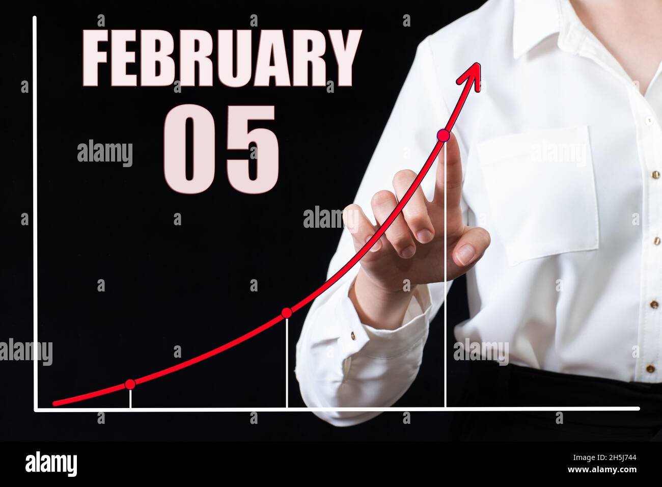 5th day of february. Businesswoman's hand pointing to the graph and a ...
