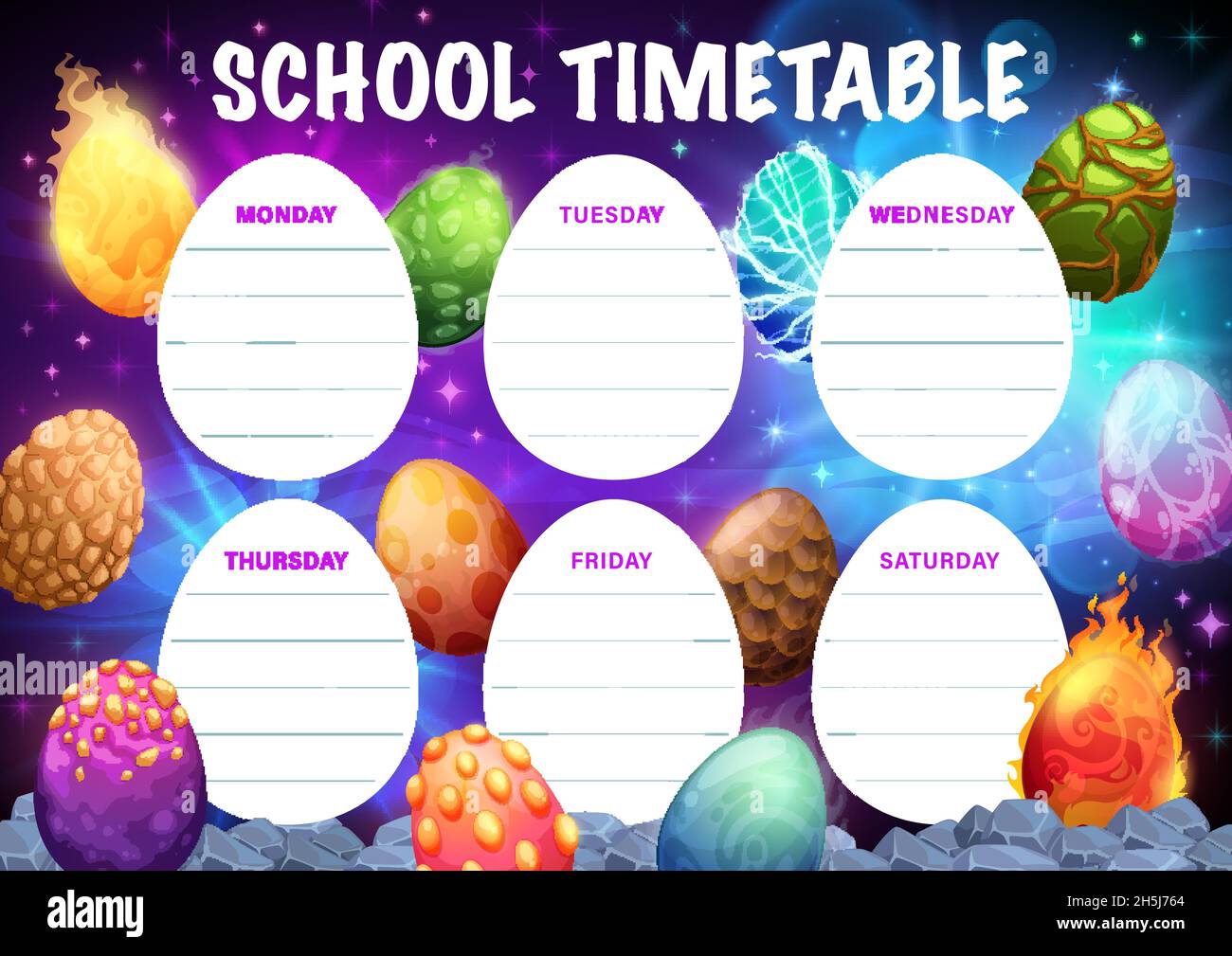 School timetable schedule with fantastic dinosaur eggs, vector week ...