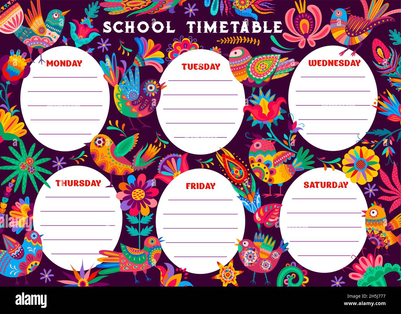 Education timetable schedule, Mexican alebrije birds, flowers and ...