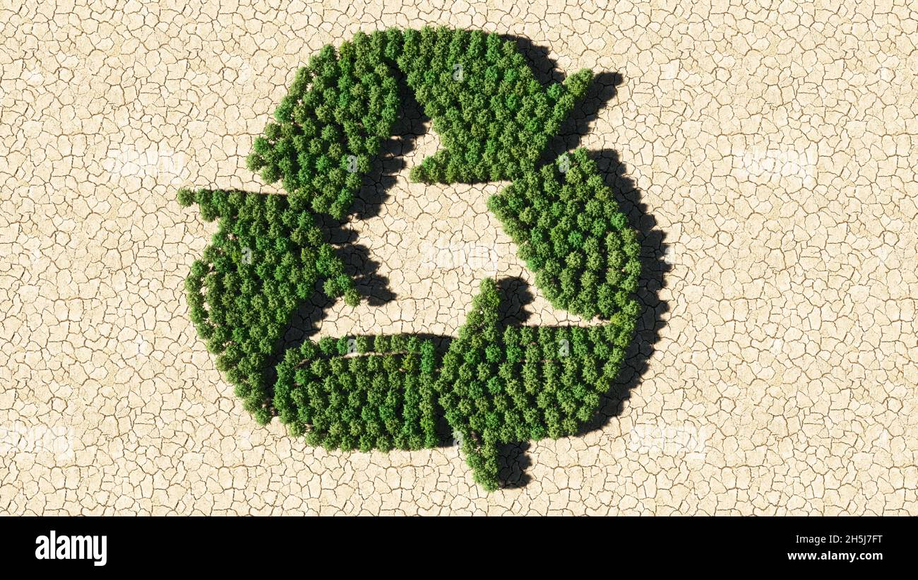 Concept or conceptual group of green forest tree on dry ground ...