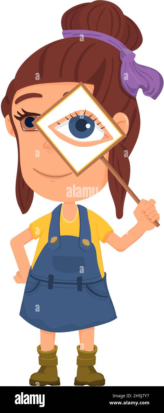 Girl with eye placard. Looking concept. Cute cartoon kid Stock Vector ...