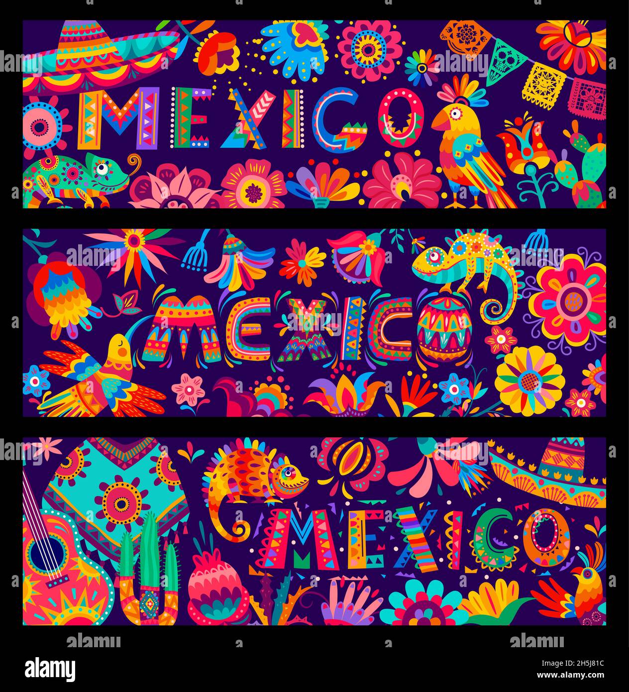 Cartoon Mexican holiday, music and culture vector banners with sombrero ...