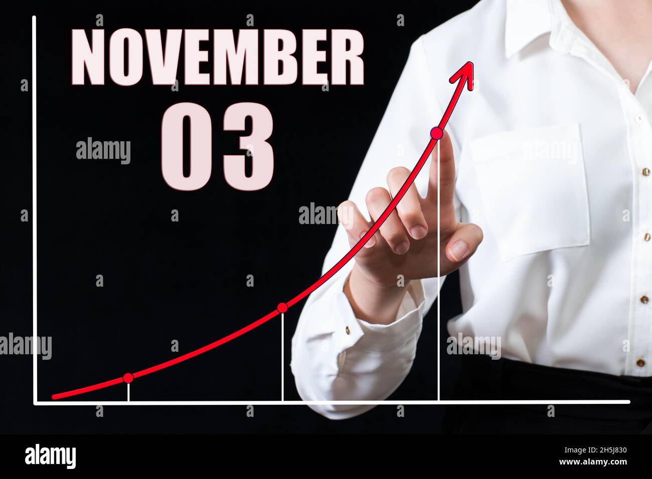 3rd day of november. Businesswoman's hand pointing to the graph and a ...