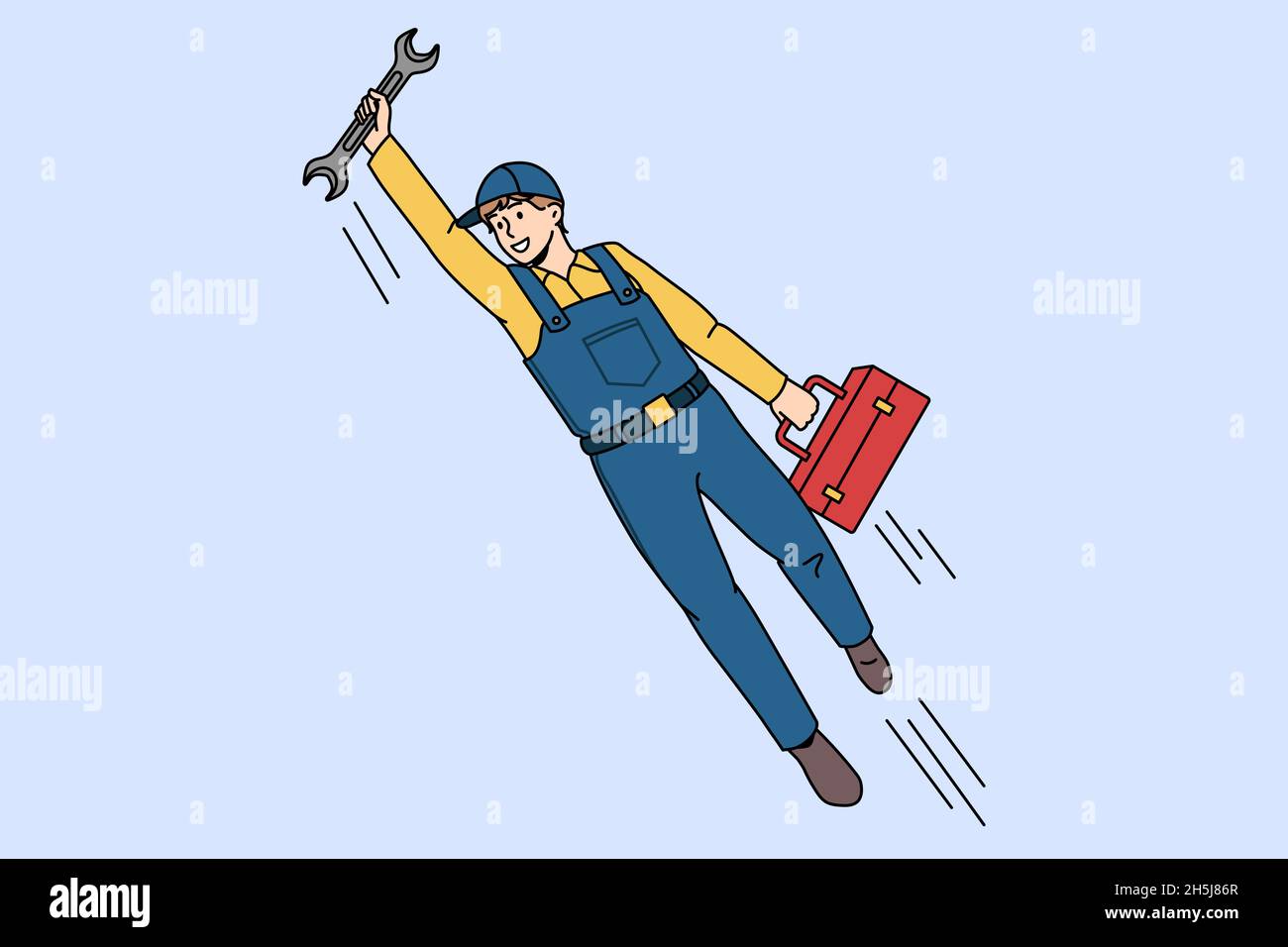 Happy man superhero plumber with wrench ready to help client or ...