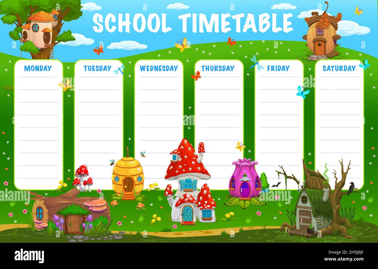 Education timetable schedule with cartoon fairy houses, vector ...