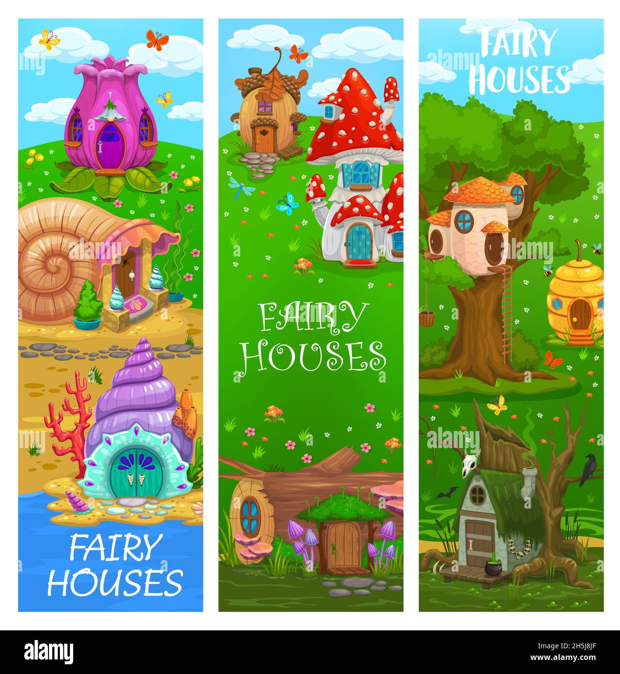 Cartoon fairy houses and dwellings, vector banners with dwarfs and ...