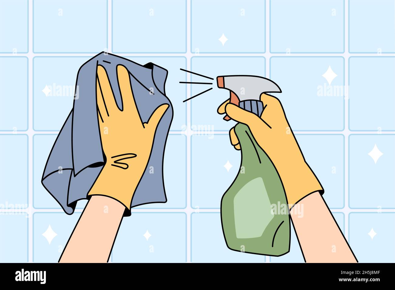 Housekeeper in gloves and napkin clean surface with spray detergent ...