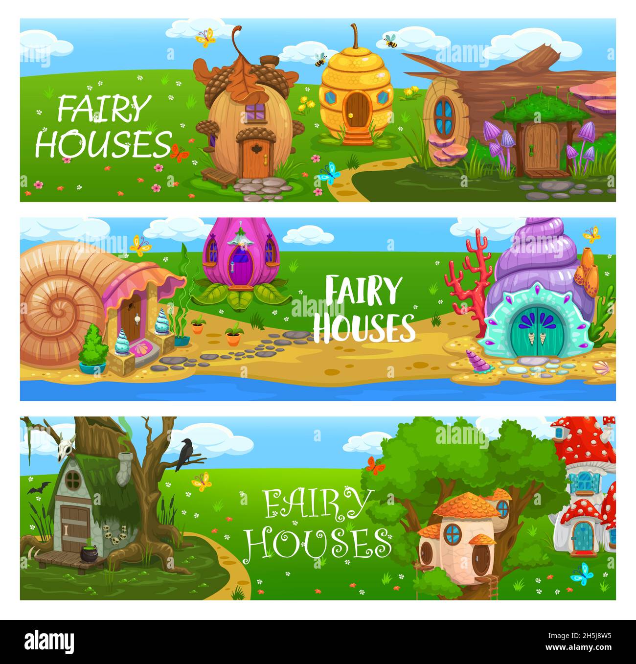 Cartoon fairy houses and dwelling, vector banners with gnome homes ...