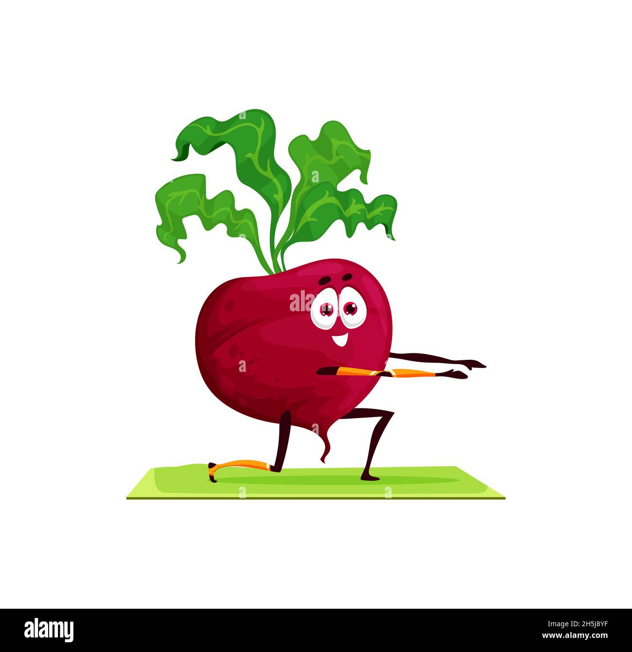 Cartoon beetroot with green leaves sport exercises trainings on mat ...