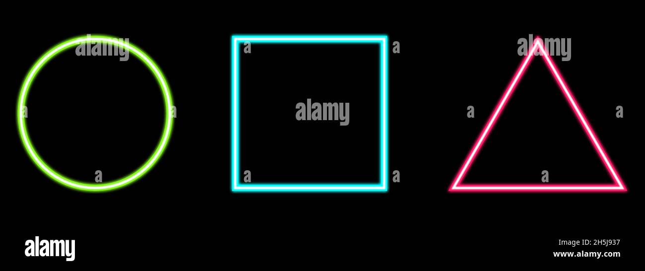 Neon geometric shapes: circle, square and triangle. Vector glowing sign ...