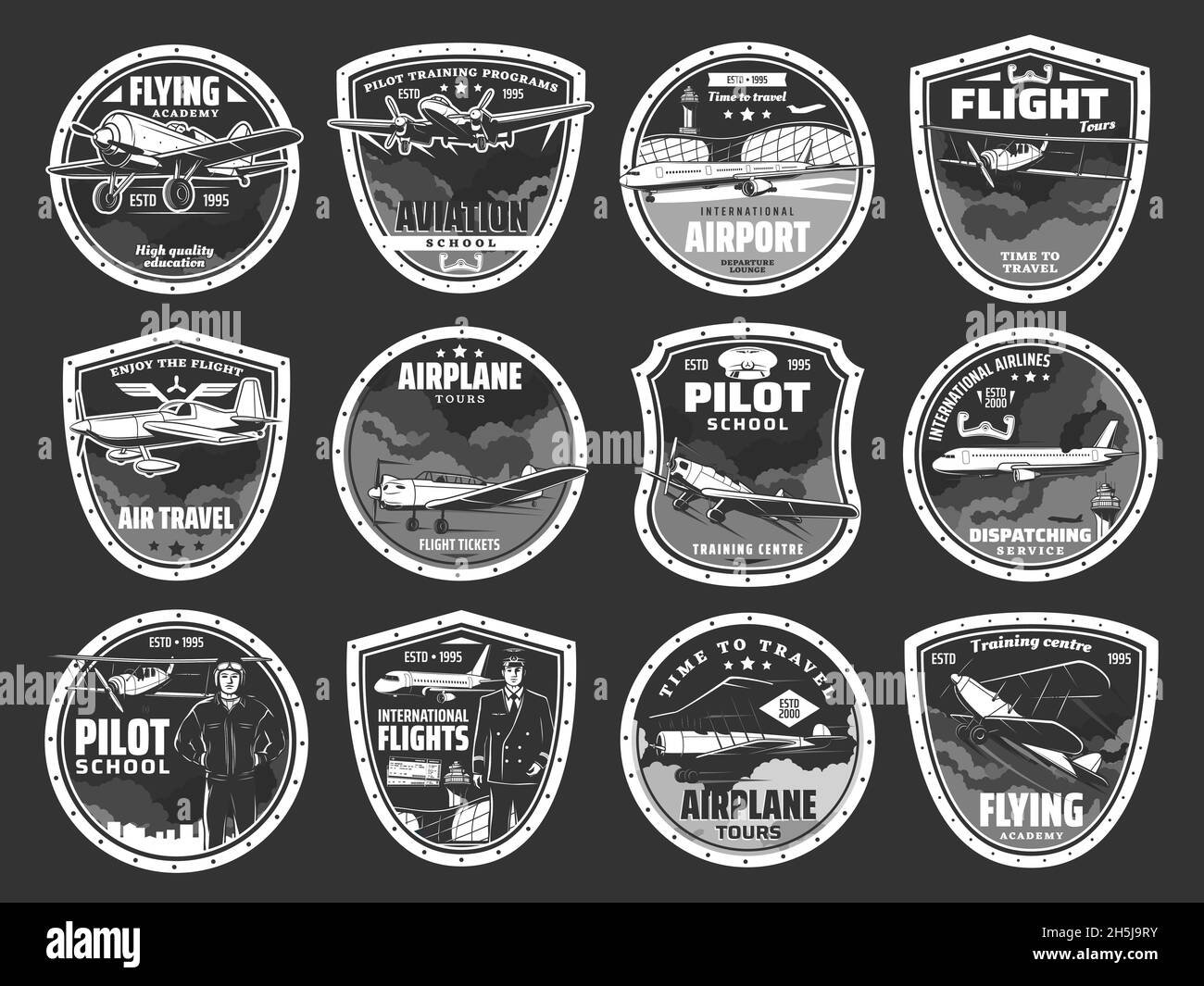 Aviation academy and airline airport icons set. Individual air tours ...