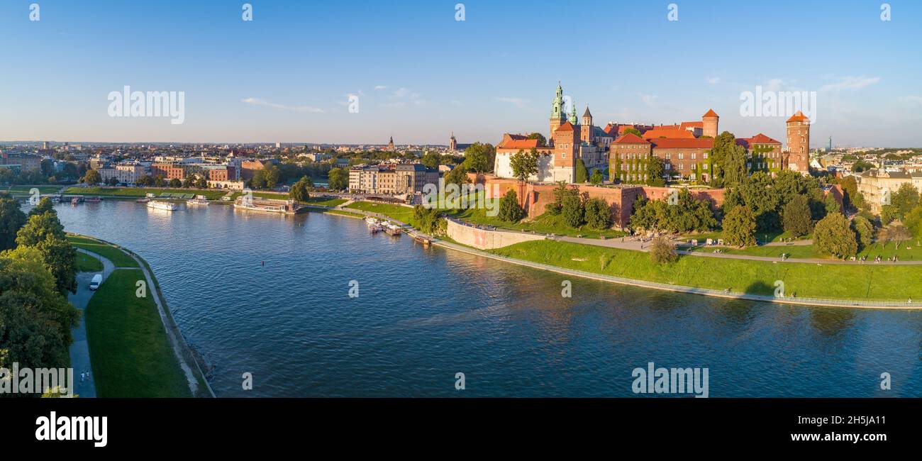 Krakow, Poland. Wide aerial panorama at sunset with Royal Wawel castle ...