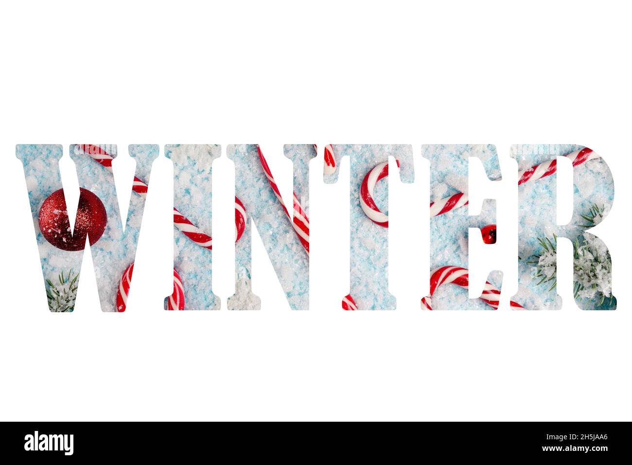 Winter text from snow background with candies and red decorations ...