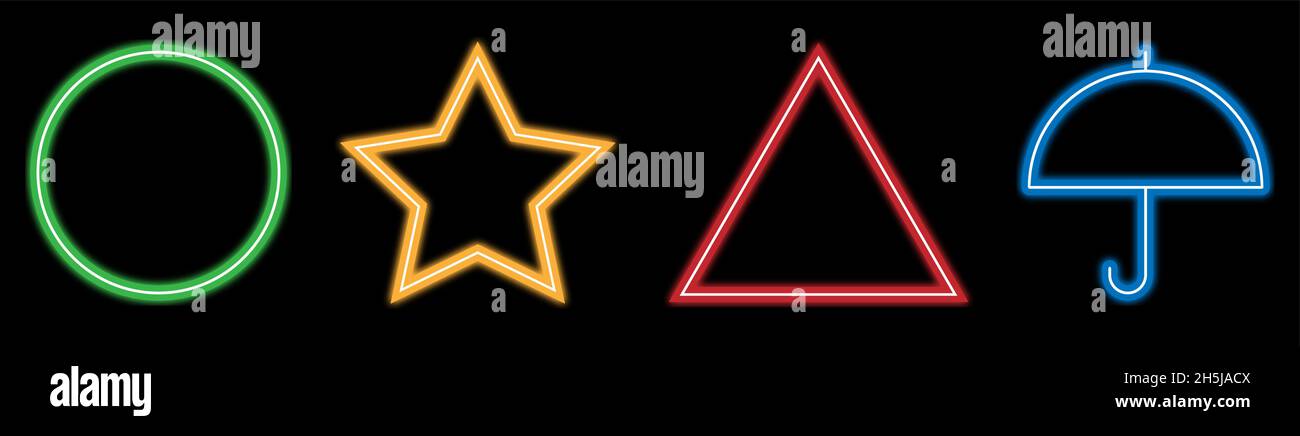 Neon shapes: green circle, red triangle, yellow star, blue umbrella ...