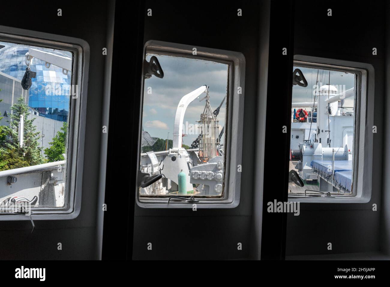 View of the deck from the ship's window. The concept of travel and ...