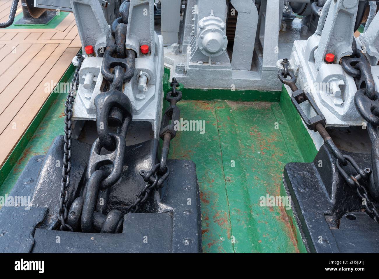 mooring winches on the deck of a container ship, equipment on the deck ...