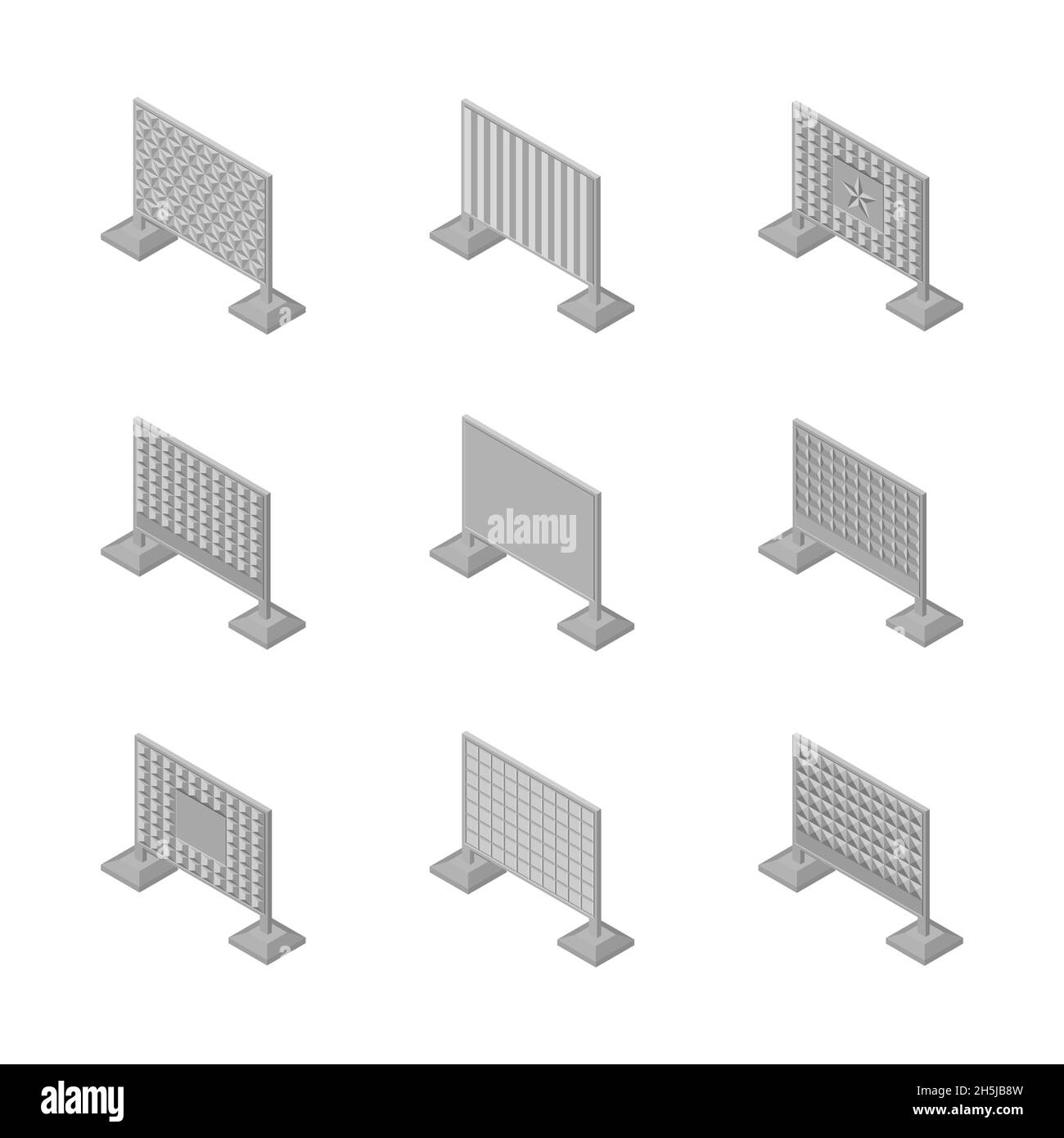 Set of isometric spans concrete fence of various shapes. Isolated on ...