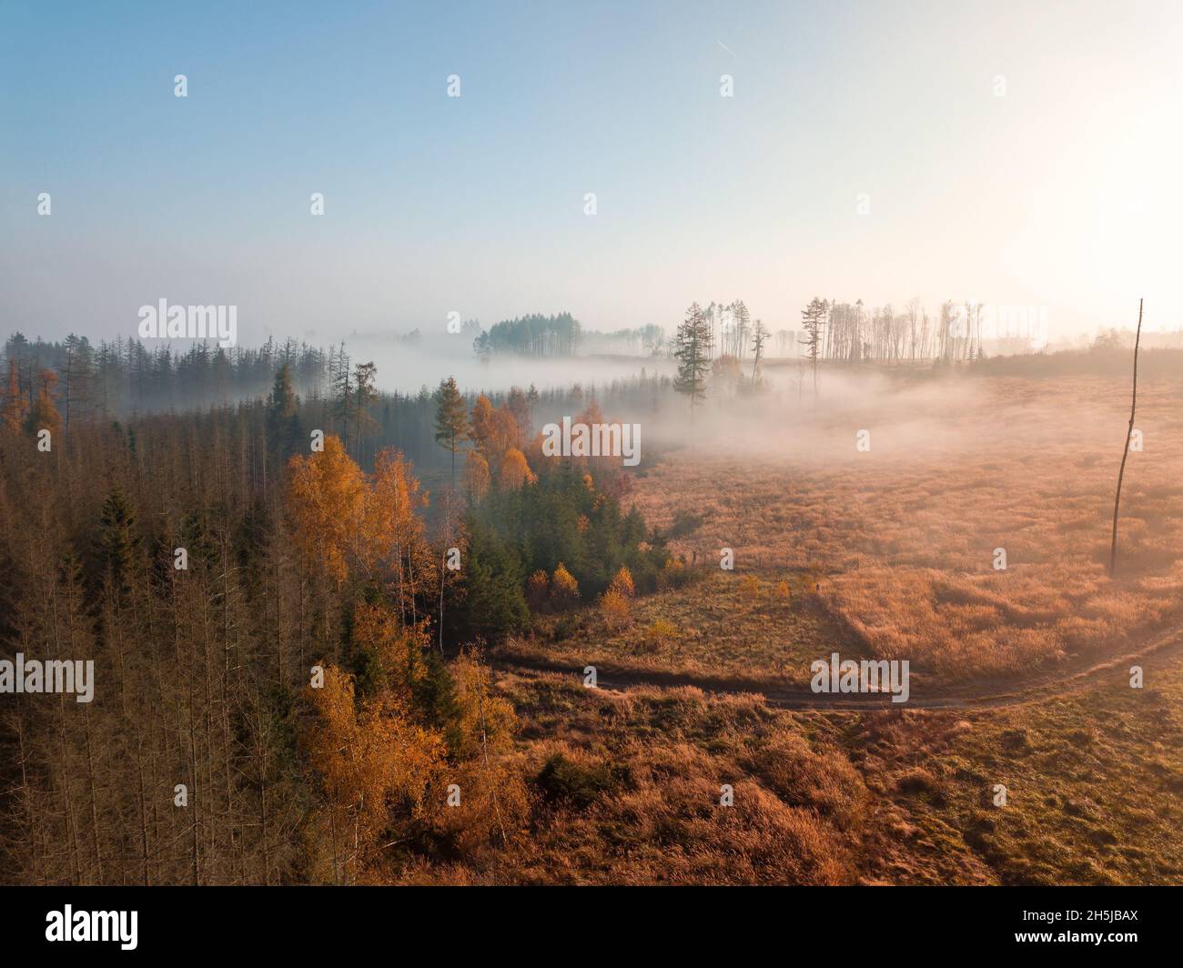 Aerial view of autumn sunrise countryside, traditional fall landscape ...
