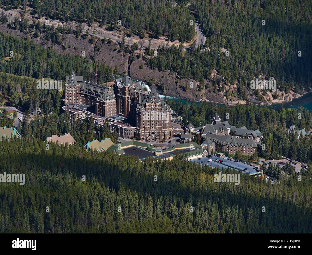 High angle view of famous historic luxury hotel complex near Banff ...