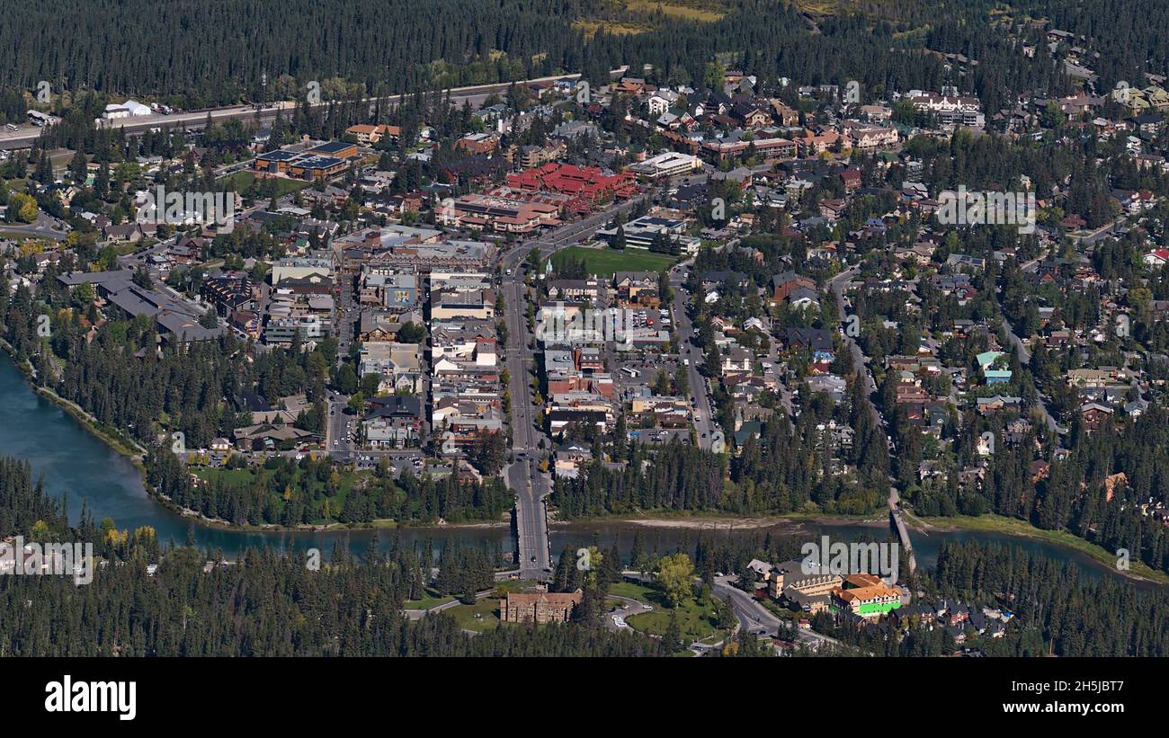 Beautiful high angle view of Banff downtown in Banff National Park ...