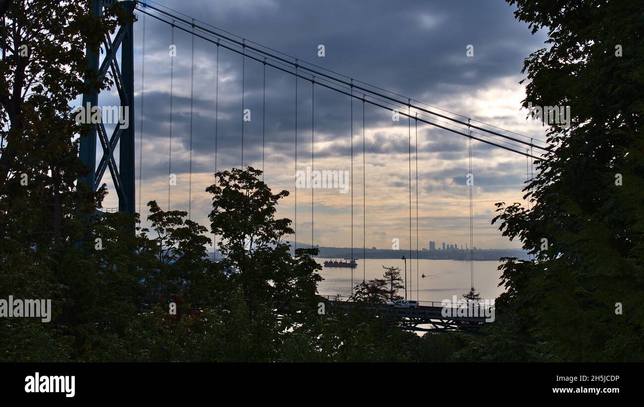 View of Burrard Inlet in the morning with silhouettes of deciduous ...